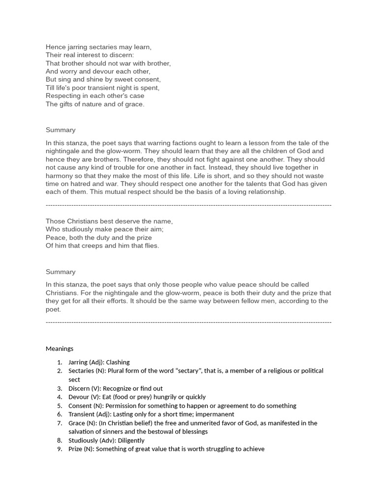 Extra Stanza Nightingale Glowworm Chapter, New Images, Grade 8, Poem ...
