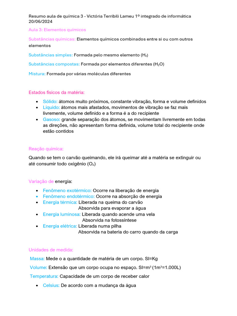 Resumo Química Aula3 | PDF