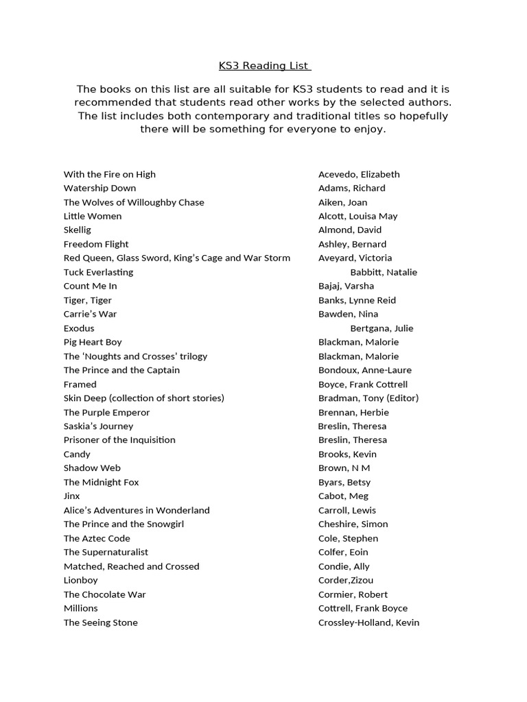 Recommended KS3 Reading List | PDF | Mystery, Thriller & Crime Fiction ...