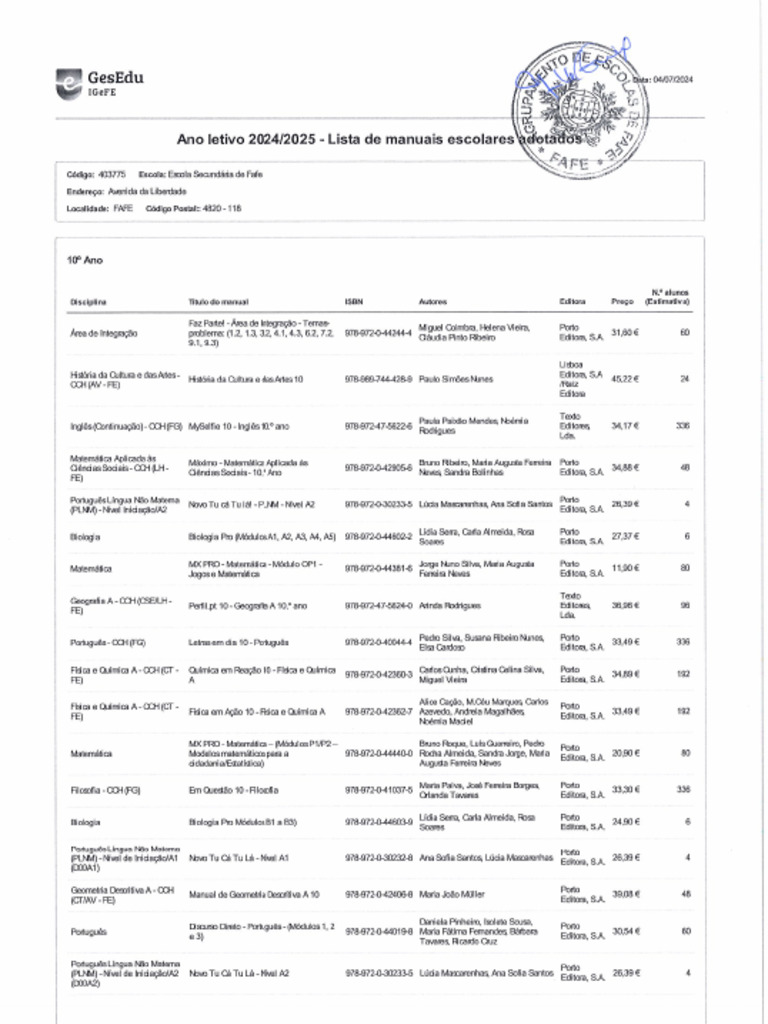 Manuais Adotados ESFafe Afixar | PDF