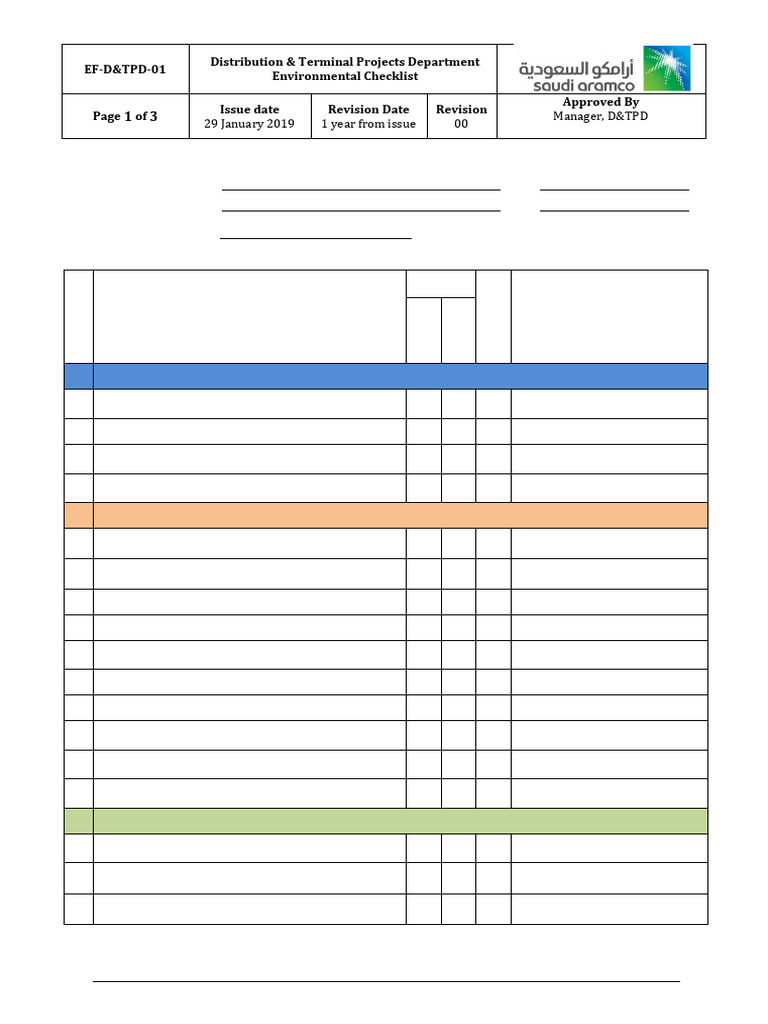 Environmental Checklist EF-D&TPD-01 2019 | PDF