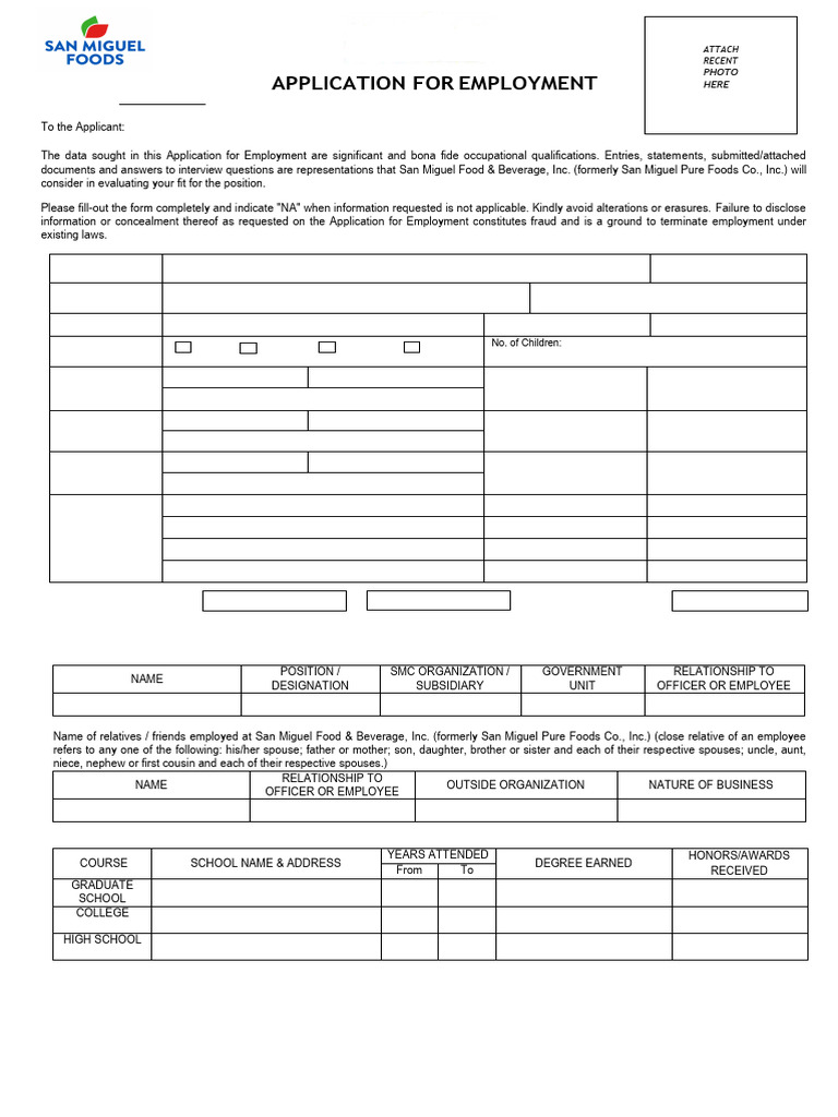 Application Form - San Miguel Foods, Inc. | PDF