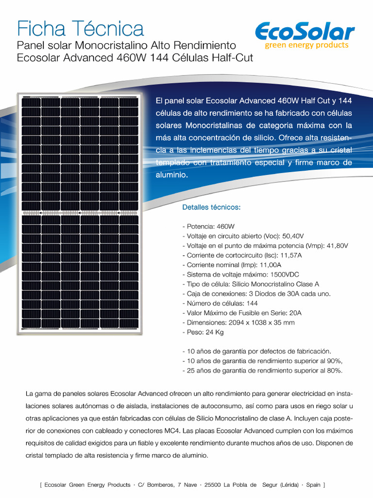 Ficha tecnica Ecosolar panel solar 460W 144 celulas Half Cut | PDF