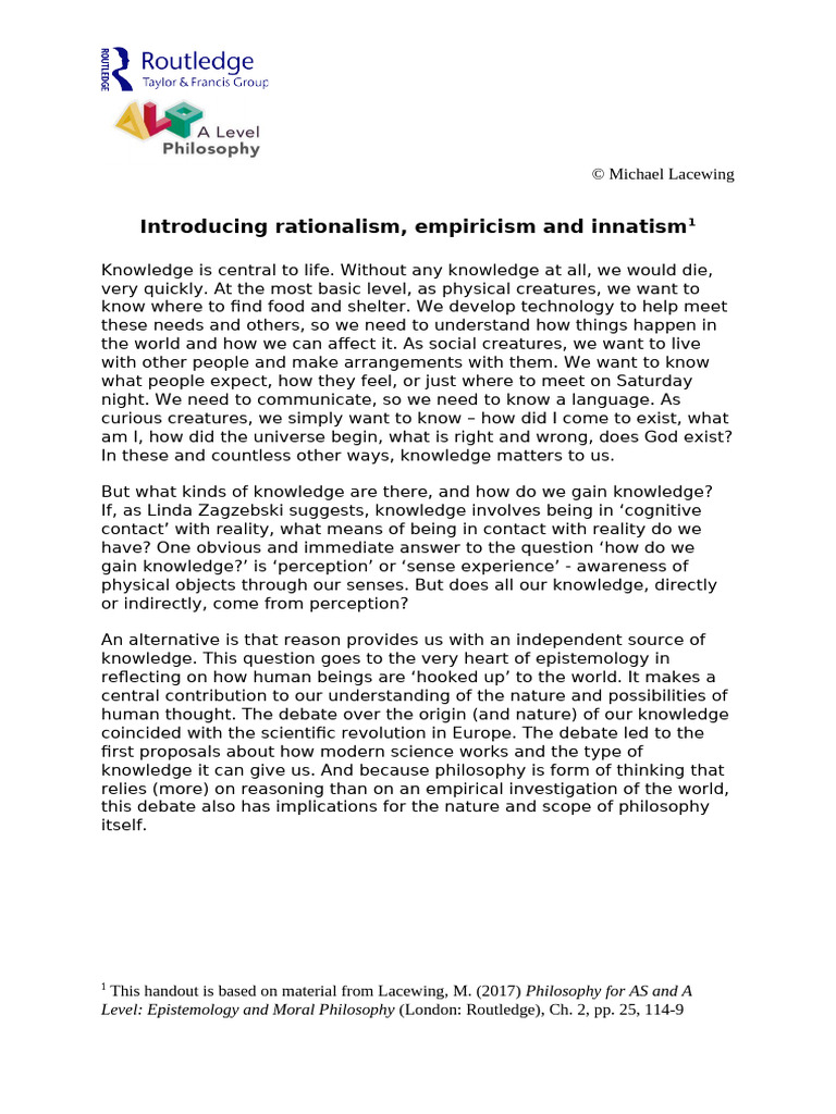 Rationalism, Empiricism, Innatism | PDF | Rationalism | A Priori And A ...