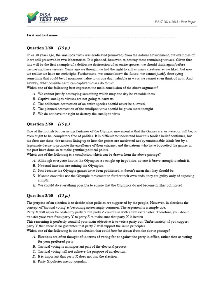 IMAT 2014-2015 - Past Paper - Questions | PDF