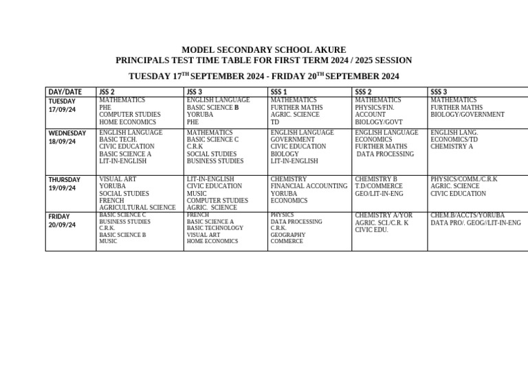 Akure Welcome Test Timetable First Term 20242025 | PDF