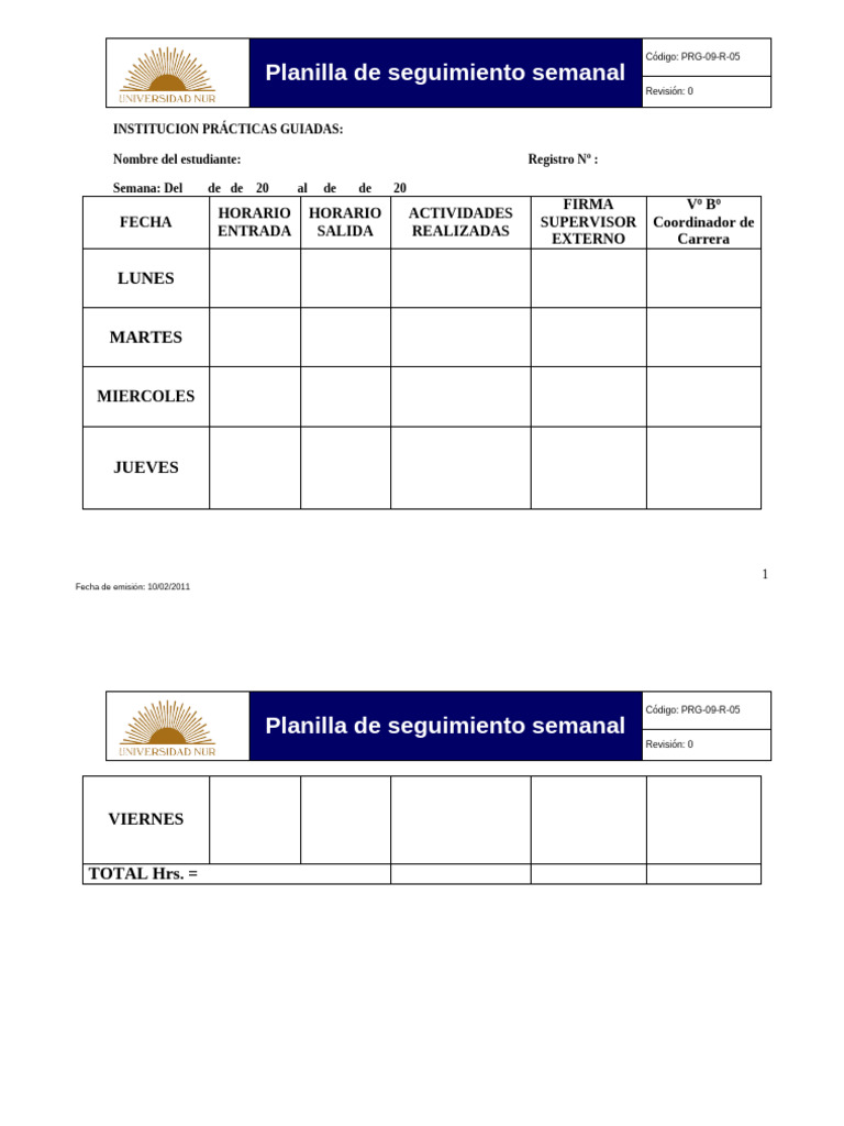PRG-09-R-05 - Planilla de Seguimiento Semanal | PDF