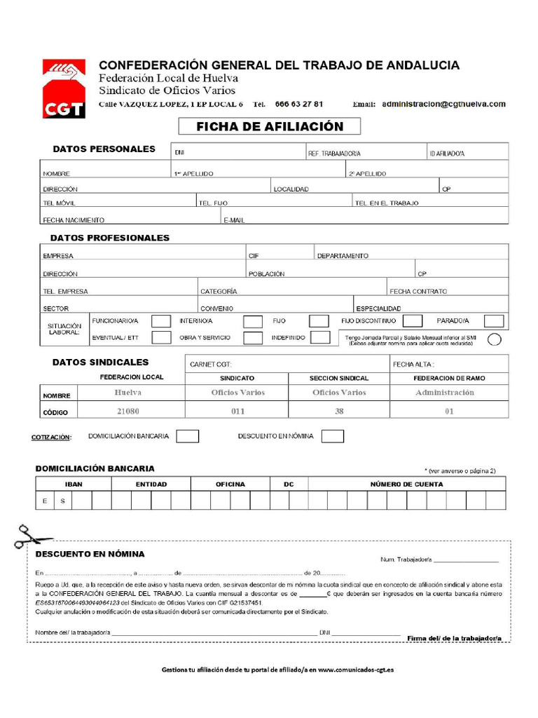 Ficha Afiliacion CGT Huelva Oficios | PDF