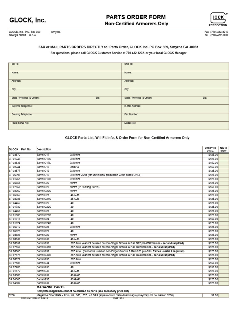 Glock Parts Order Form for Non-Certified Armorers | PDF | Ballistics ...