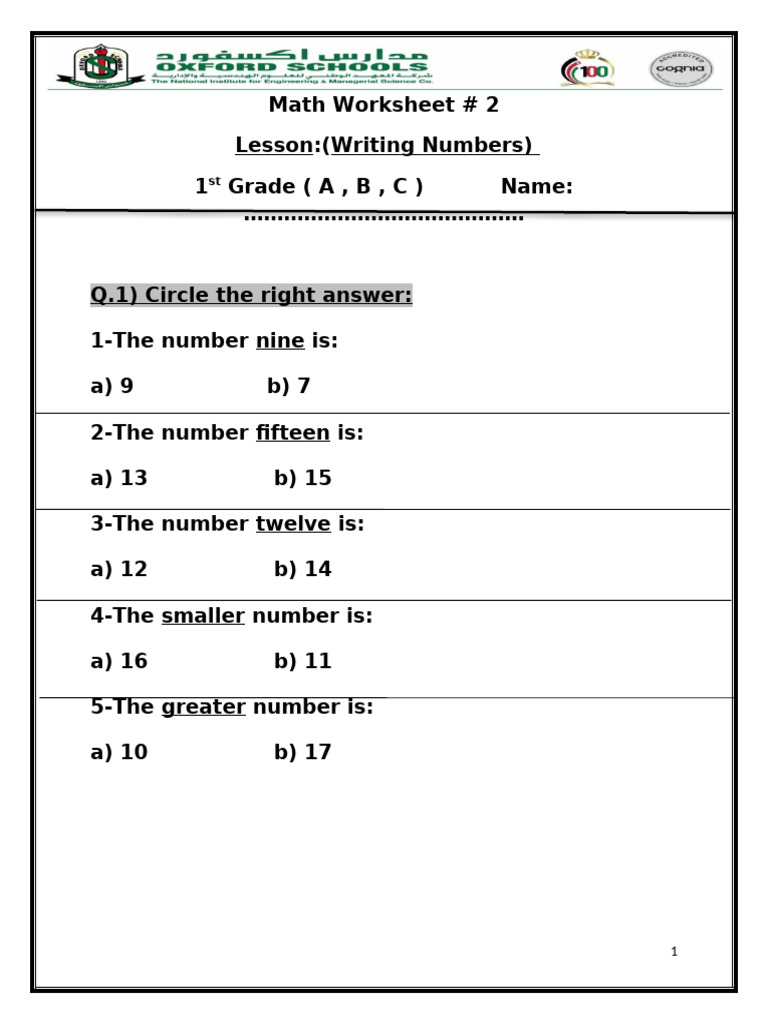 Math Worksheet # 2 Grade 1-NEW | PDF
