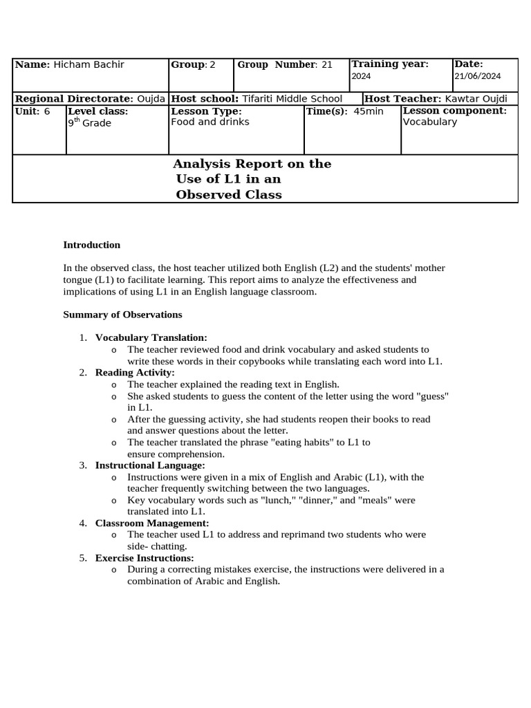 Use of l1 Report | PDF
