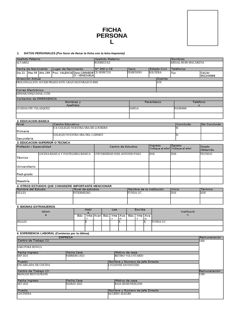 Ficha Personal - Planilla Cebichela (1) | PDF