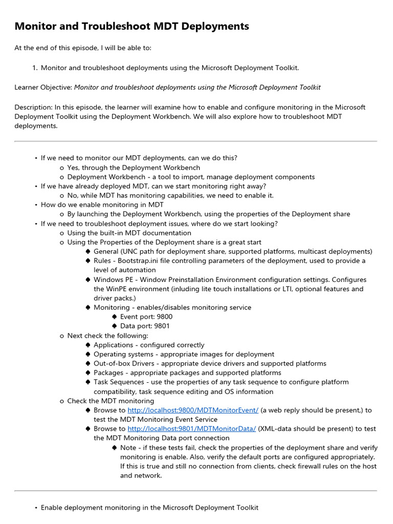 Microsoft Md102a 3 3 1 Monitor and Troubleshoot MDT Deployments | PDF