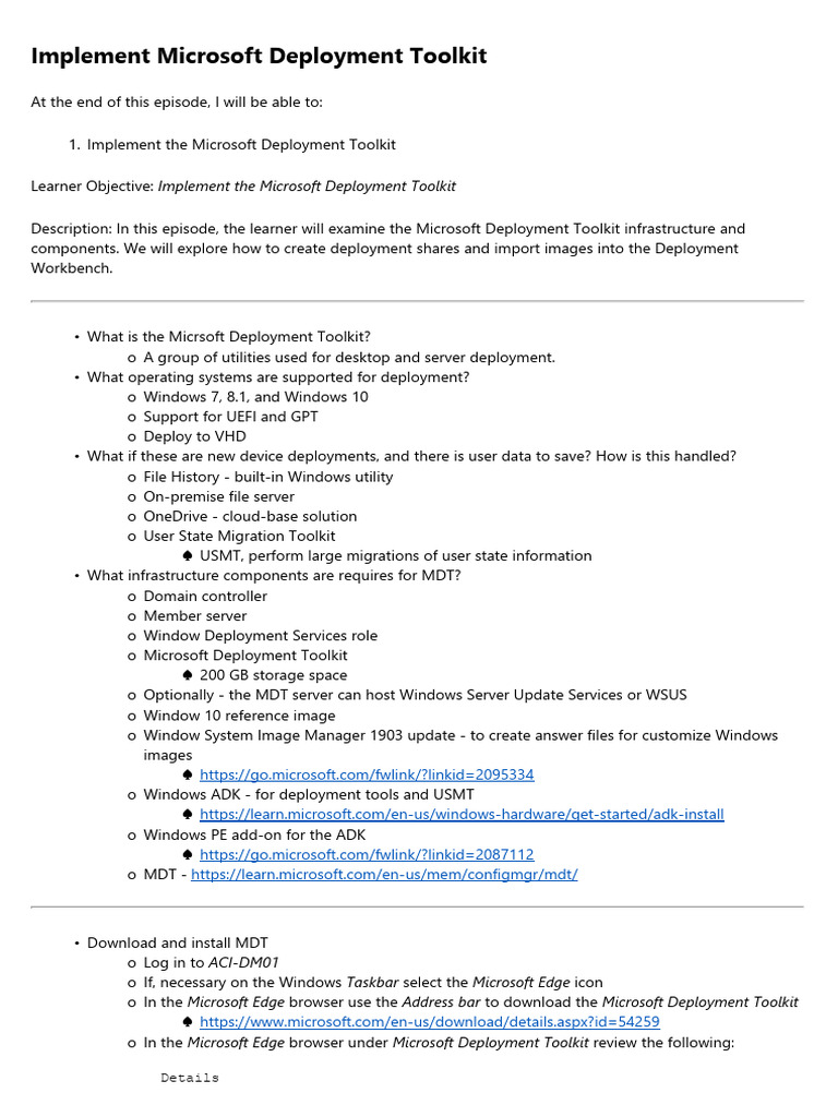 Microsoft Md102a 3 1 1 Implement Microsoft Deployment Toolkit | PDF