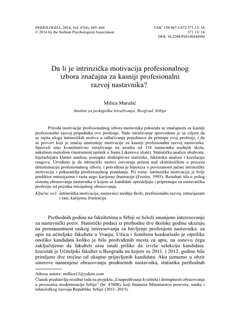 Da Li Je Intrinzička Motivacija Profesionalnog Izbora Značajna Za ...