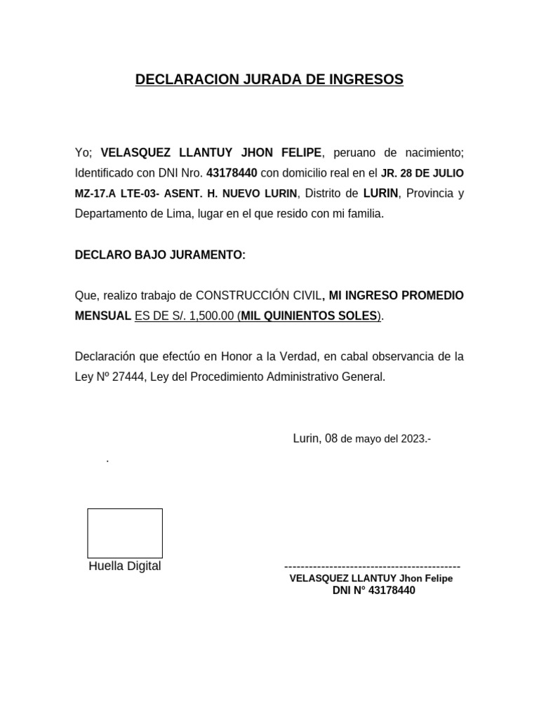 Declaracion Jurada de Ingresos | PDF