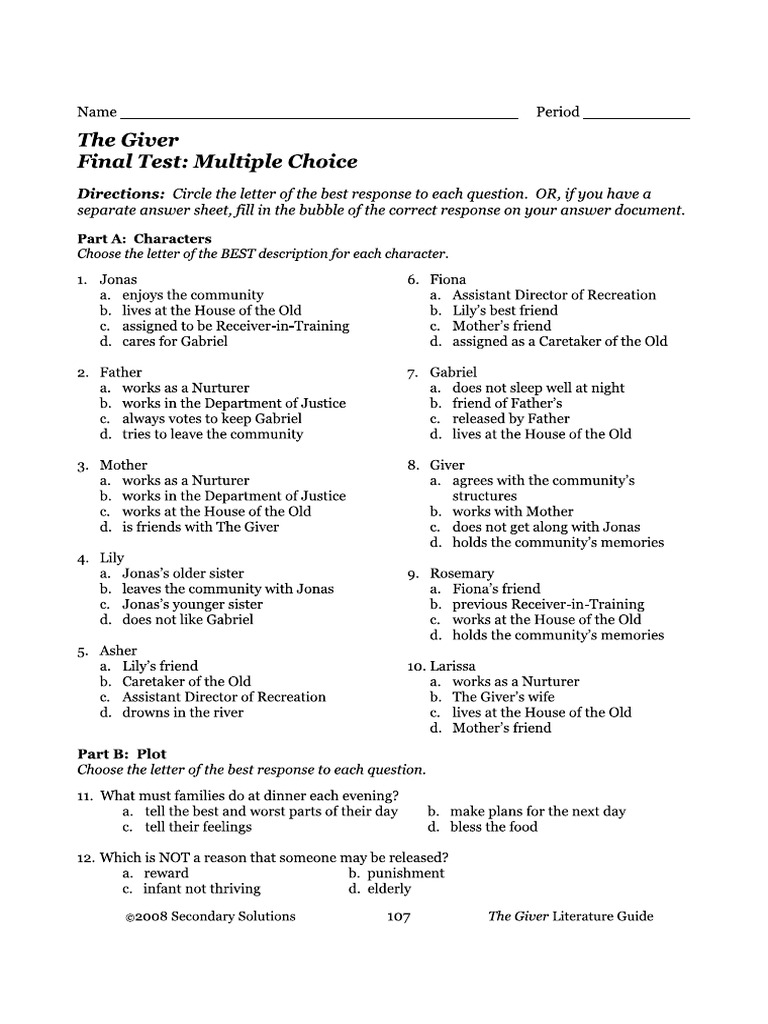 The Giver Final Quiz | PDF