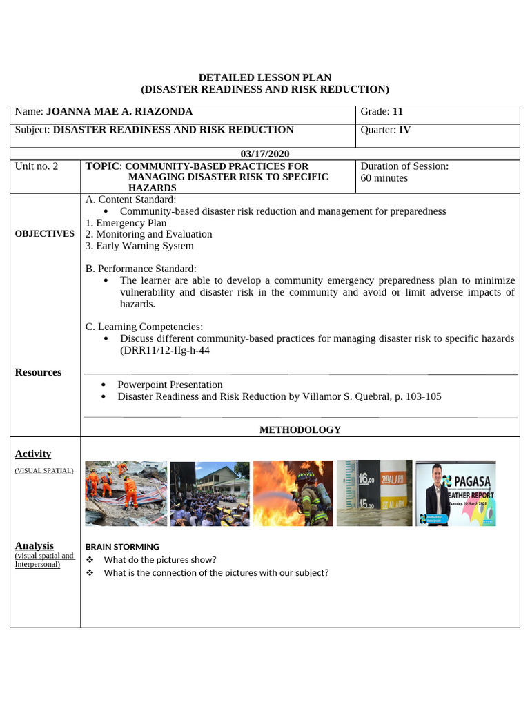 Lesson Plan - Community-Based Practices For Managing Disaster Risk | PDF