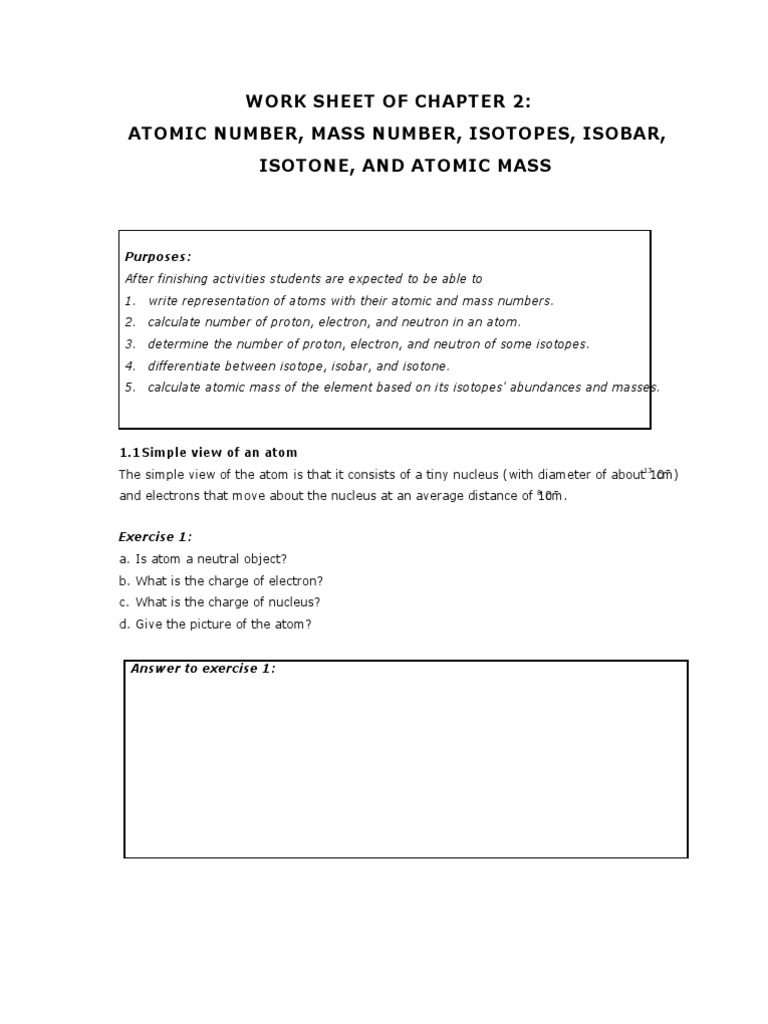 WORK SHEET of Atomic Number, Mass Number, Isotop, Isobar | PDF ...