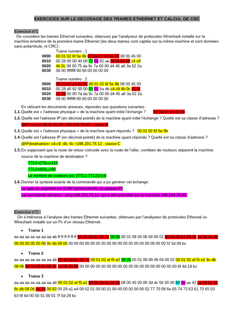 Exercices 4 2024 ETHERNET Et CRC Corrigé | PDF
