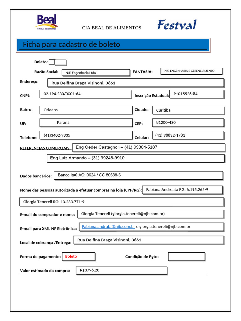 Modelo Ficha Cadastral Boleto | PDF