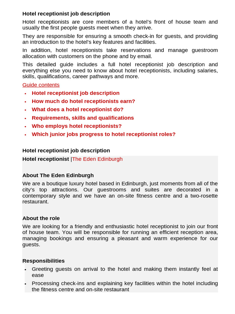 Hotel Receptionist Job Description Guide | PDF | Hotel | Finance ...