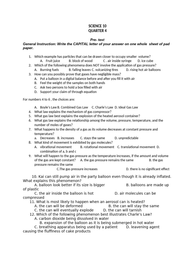 Worksheet Pre Test SCIENCE 10 | PDF