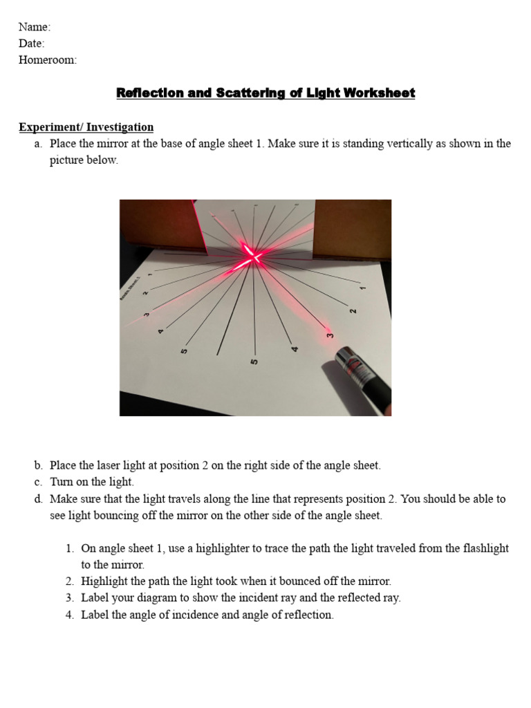 Reflection and Scattering of Light Worksheet | PDF