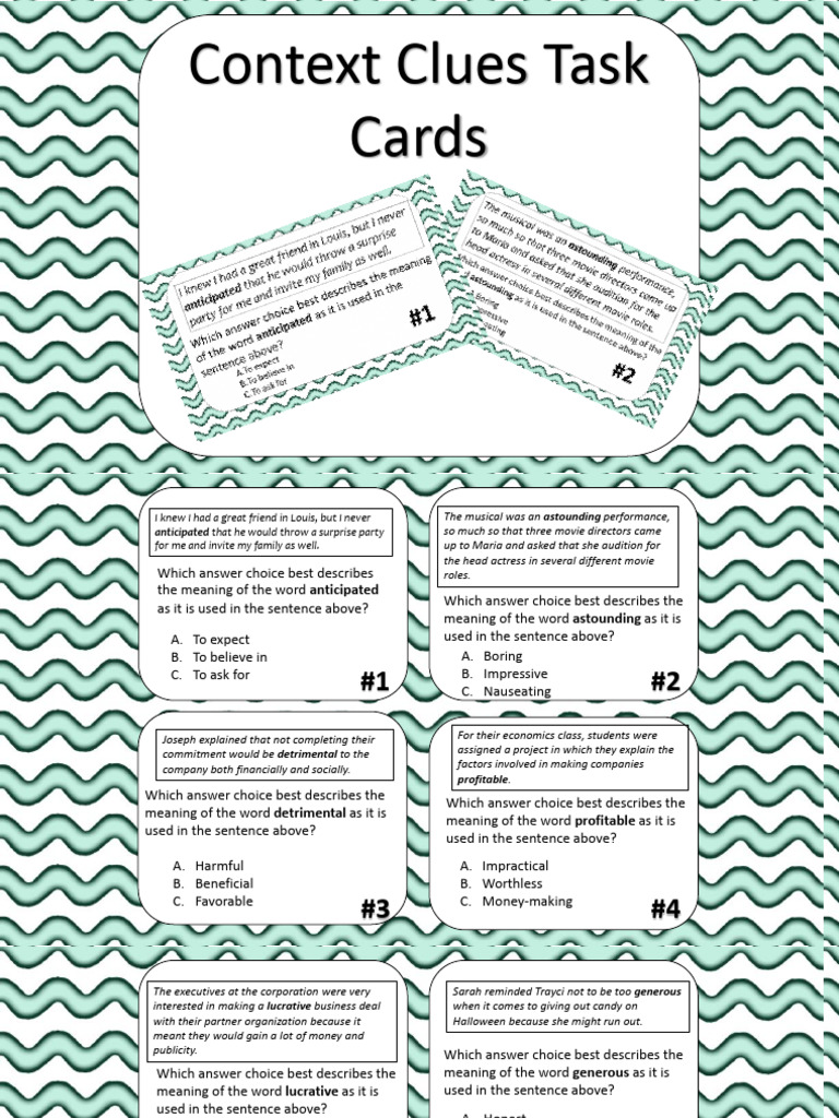 Context Clues Task Cards | PDF | Stress (Linguistics) | Language Arts ...