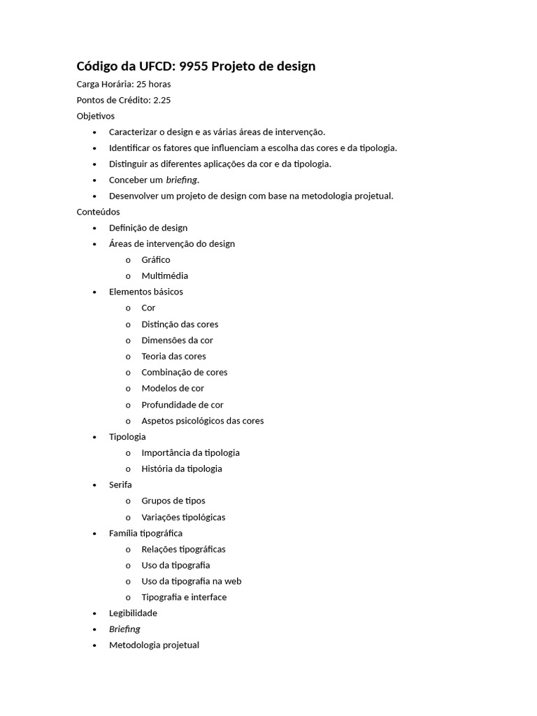 Planificação UFCD 9955 - Projeto de Design | PDF