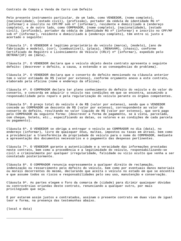 Contrato de Compra e Venda de Carro com Defeito | PDF