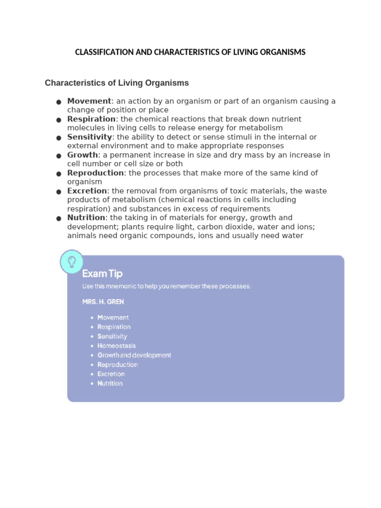 CLASSIFICATION AND CHARACTERISTICS OF LIVING ORGANISMS NOTES | PDF