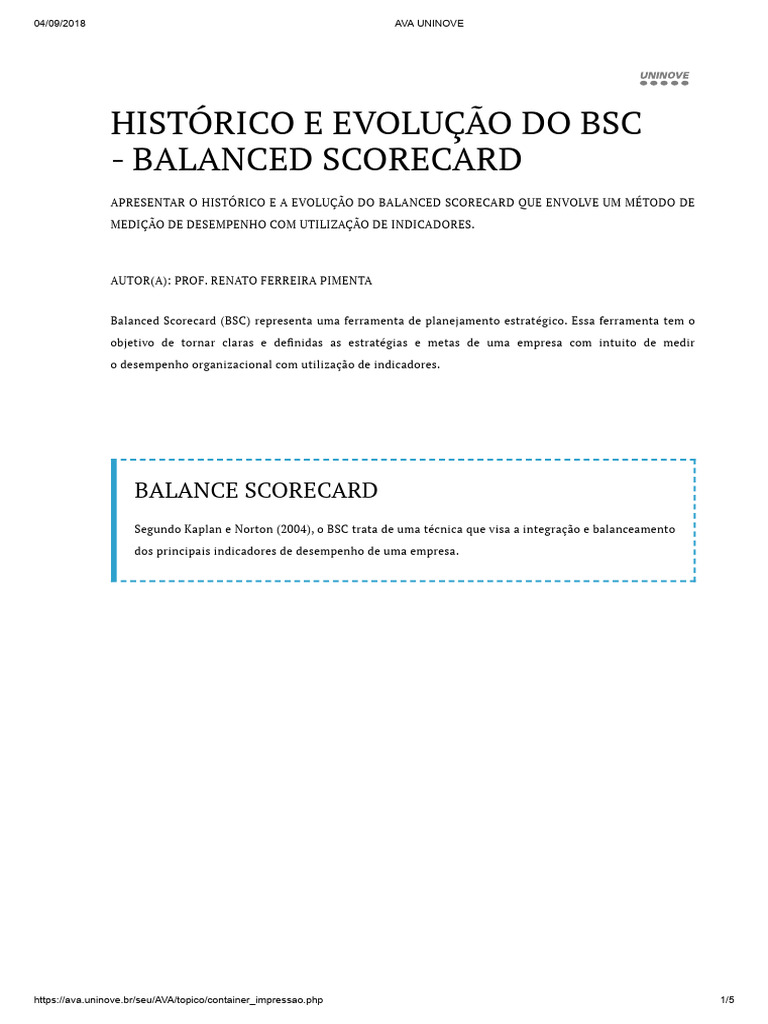 6 - Histórico e Evolução Do BSC - Balanced Scorecard | PDF