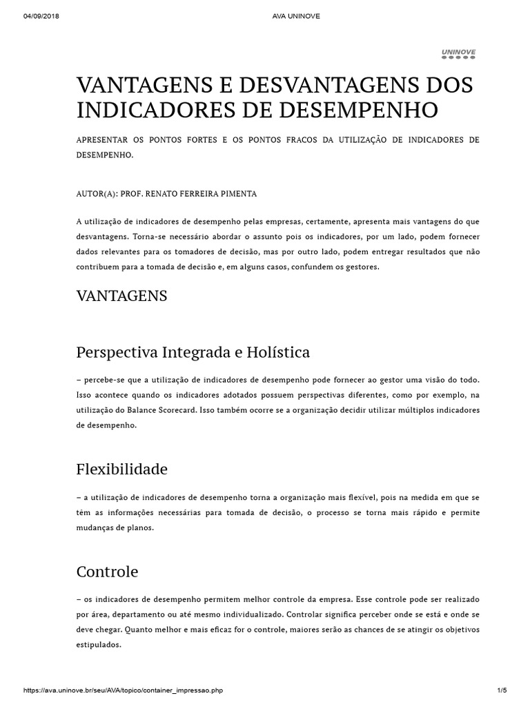 7 - Vantagens e Desvantagens Dos Indicadores de Desempenho | PDF