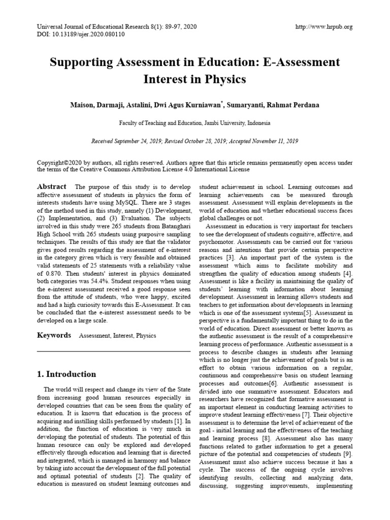 Supporting Assessment in Education E-Assessment in | PDF