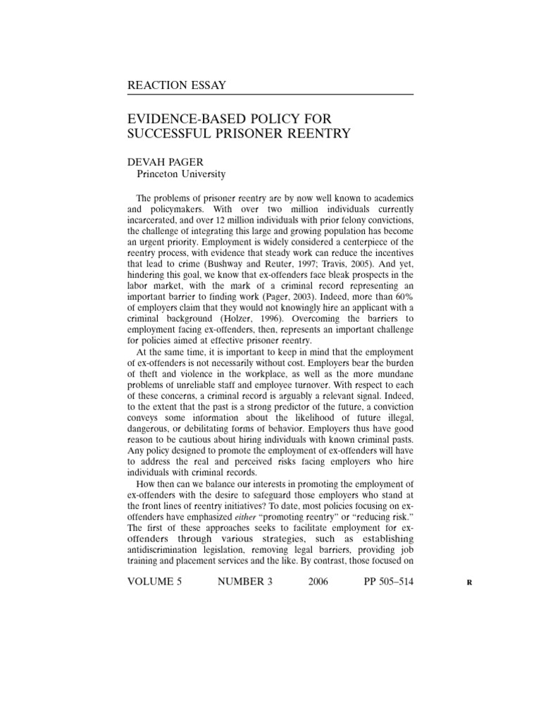Evidence-Based Policy For Successful Prisoner Reentry | PDF