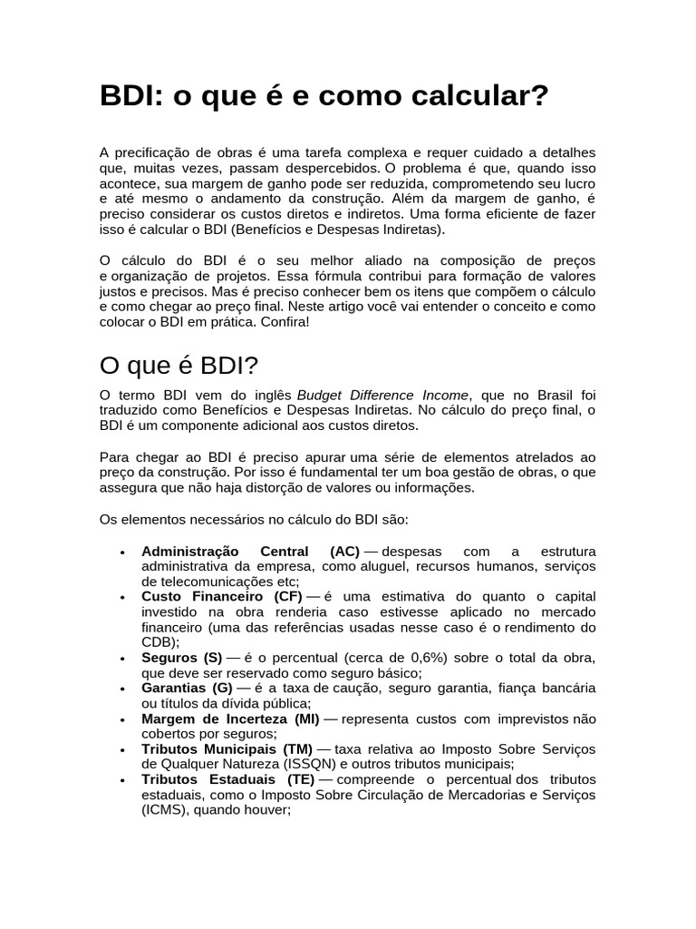 BDI: o Que É e Como Calcular? | PDF