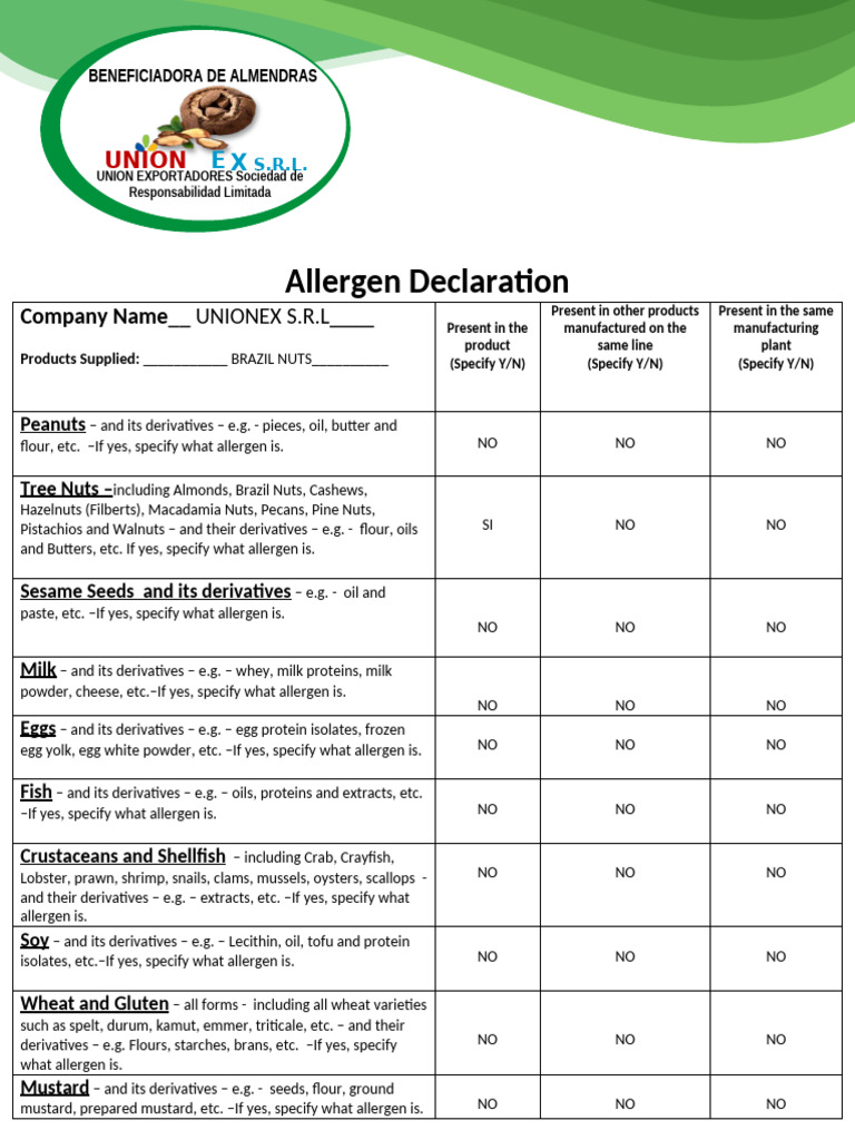 Allergen Declaration UNIONEX | PDF