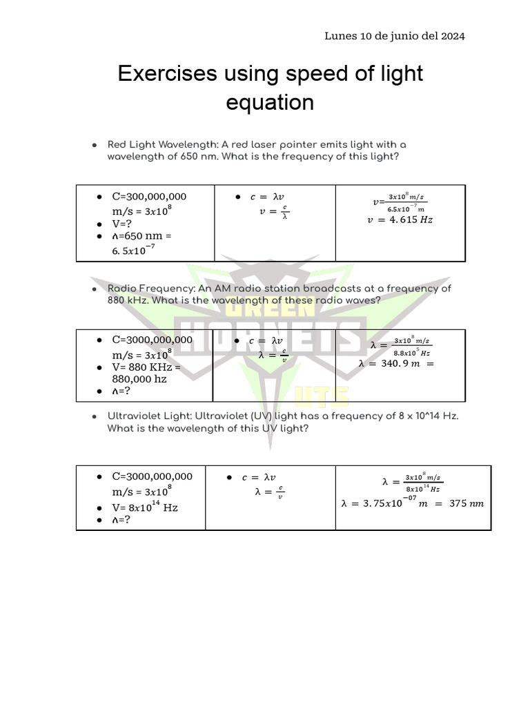 Exercises Using Speed of Light Equation | PDF
