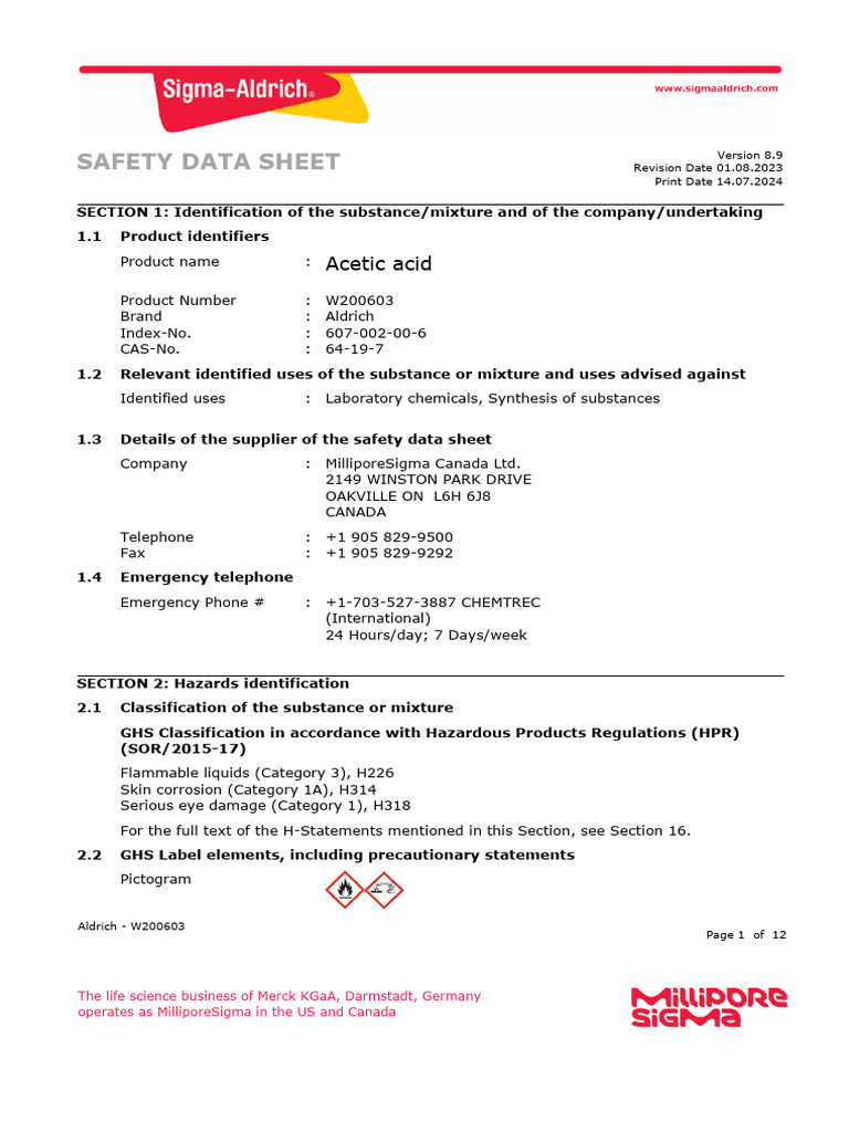 Safety Data Sheet: Acetic Acid | PDF