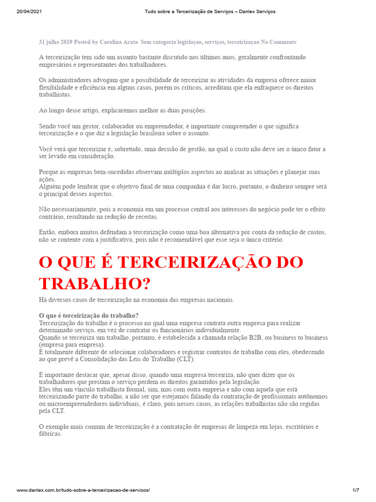 Tudo Sobre A Terceirização de Serviços - Danlex Serviços | PDF