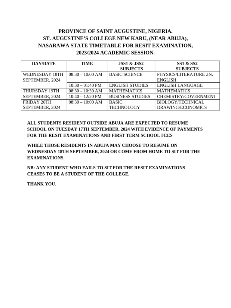 2024 RESIT EXAMINATION TABLE | PDF