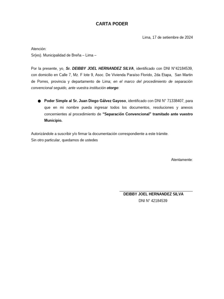 Carta Poder-Deibby Joel Hernandez Silva - Los Olivos | PDF