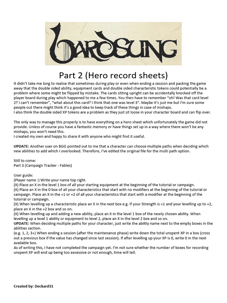 Bardsung Hero Record Sheets Multiple Paths | PDF