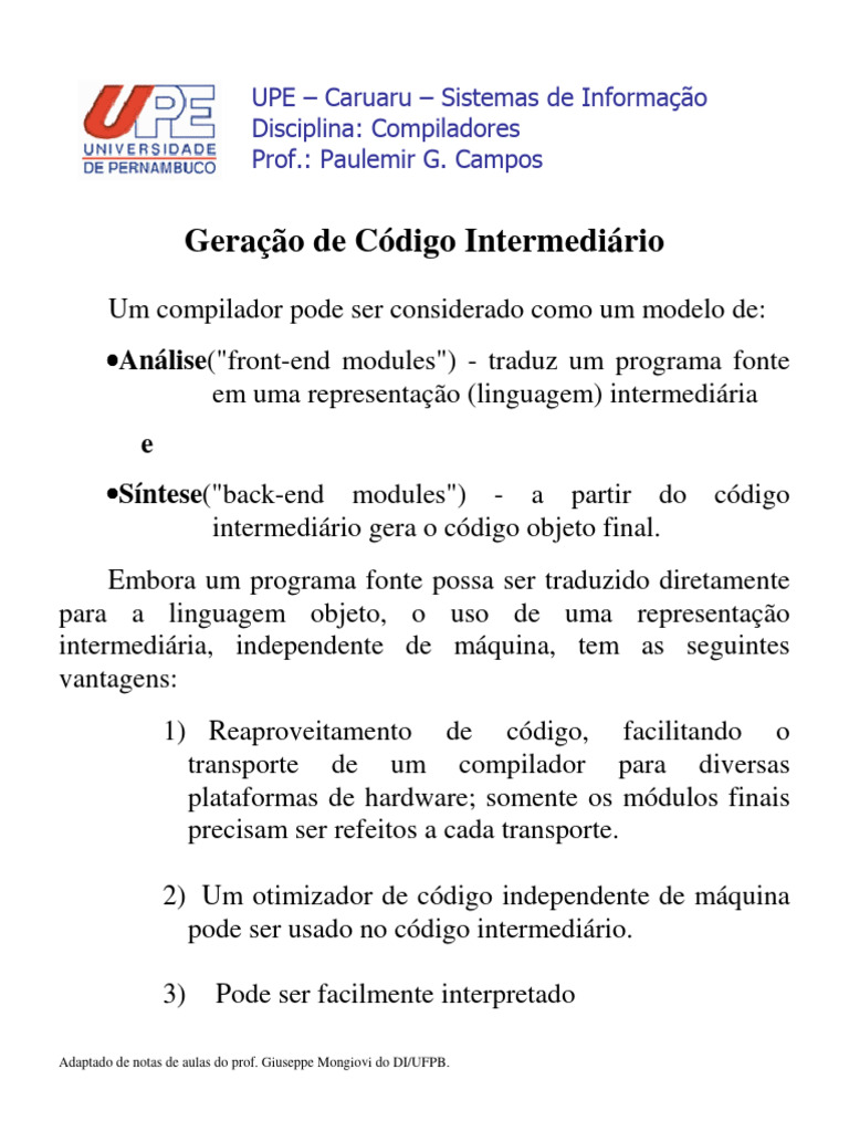 Introdução a Compiladores: Código Intermediário | PDF | Desarrollo de ...