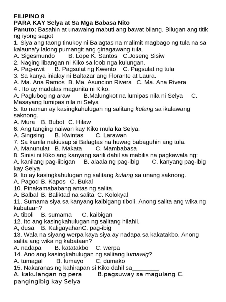 FILIPINO 8 - Kay Selya | PDF
