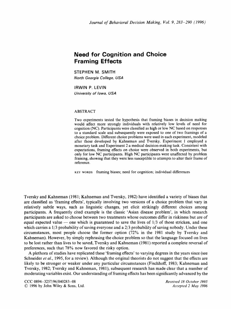 Smith and Levin - 1996 - Need for Cognition and Choice Framing Effects | PDF
