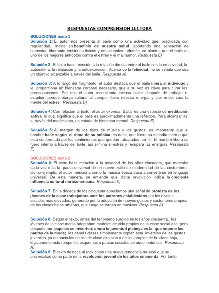 Respuestas Comprensión Lectora | PDF
