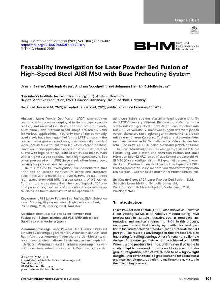 Feasability Investigation For Laser Powder Bed Fusion of High-Speed ...