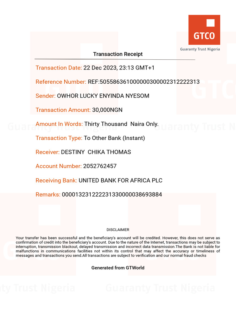 Transaction Receipt: 30,000NGN Transfer | PDF | Finance & Money ...